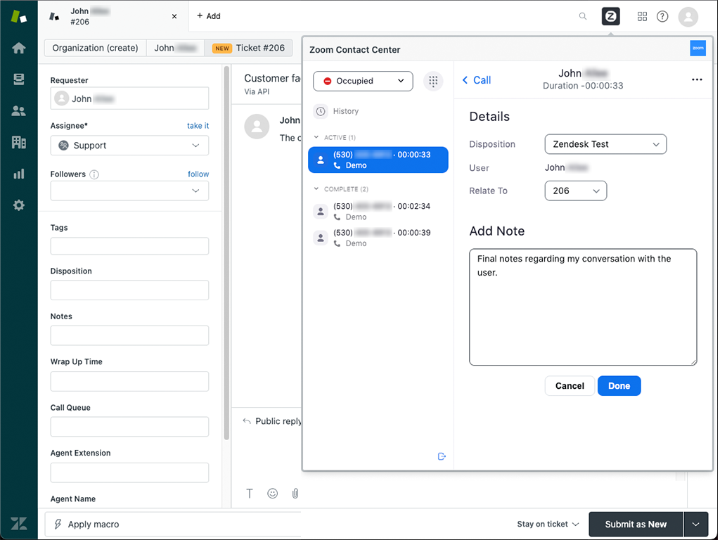 Zoom Contact Center App Integration with Zendesk Support